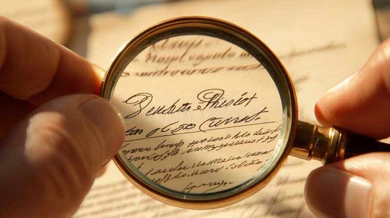 Hands Examine Antique Document Signature with Magnifying Glass, Library ...