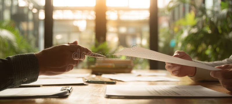 The Hands Exchanging Documents in a Sunlit Office Meeting Setting. AI ...