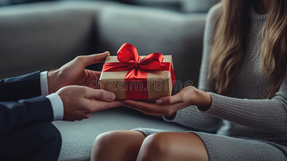 Hands Exchanging a Gift Box with a Red Ribbon on a Sofa. Stock ...