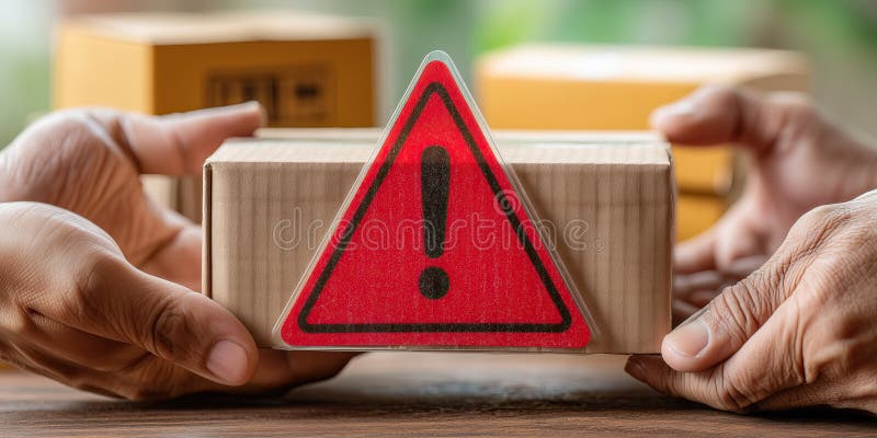 Hands Exchanging Package with Red Warning Sign, Caution in Shipping ...