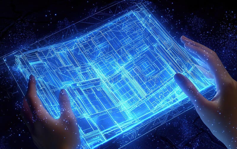 Hands Exploring a Translucent Digital Blueprint in a Futuristic Setting ...