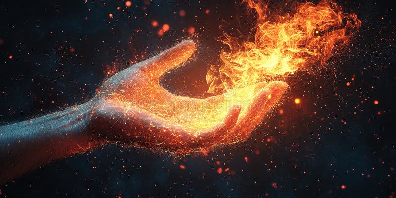 Hands Expressing Power through Flames in a Dark Setting with Glowing ...