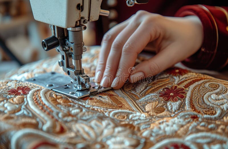 A Hands on in a Fabric Stitching a Skirt on a Sewing Machine Stock ...