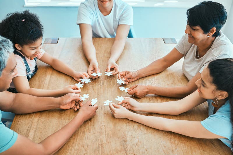 Hands, Family and Puzzle with Collaboration at Table for Connect Piece ...