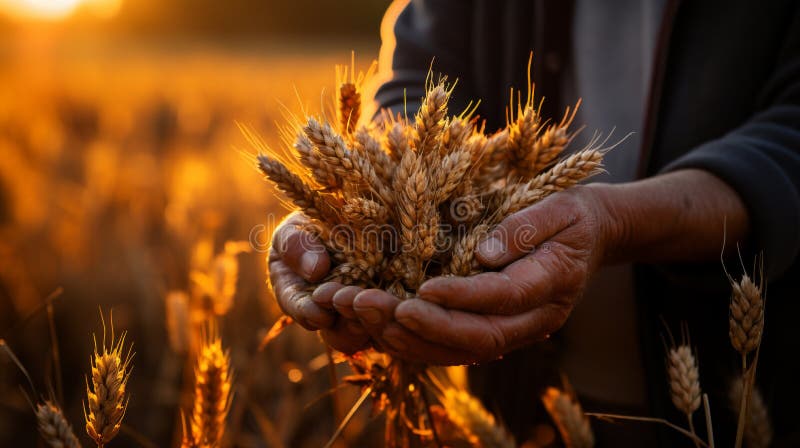 Hands of a Farmer Holding Wheat Crops in the Field. AI Generated. Stock ...