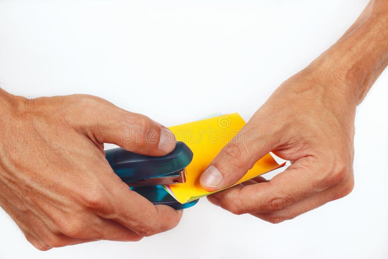 Hands Fastened Paper Stapler on White Background Stock Image - Image of ...