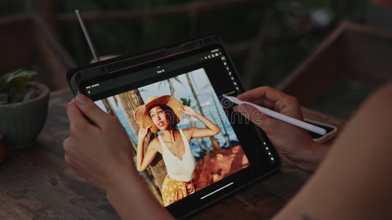 Hands of Female Artist Edit Photo Using Retouching Software on Tablet ...