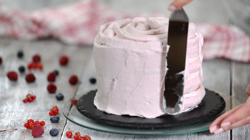Hands of Female Pastry Chef Making Delicious Cake of Sponge Layers and ...