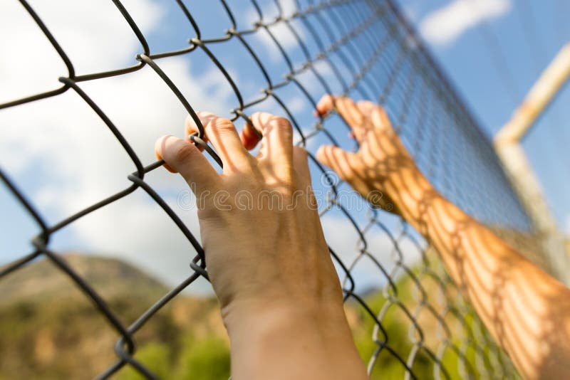 Hands on the Fence Raised in the Blue Sky Stock Photo - Image of heat ...