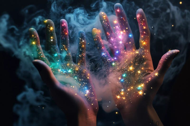 Hands Filled with Colorful Sparkles and Swirling Smoke Create an ...