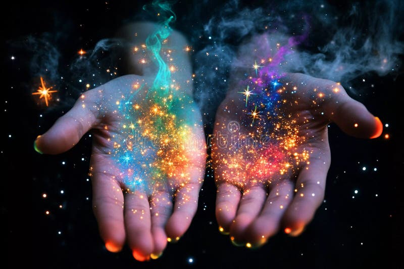 Hands Filled with Colorful Sparkles and Swirling Smoke Create an ...