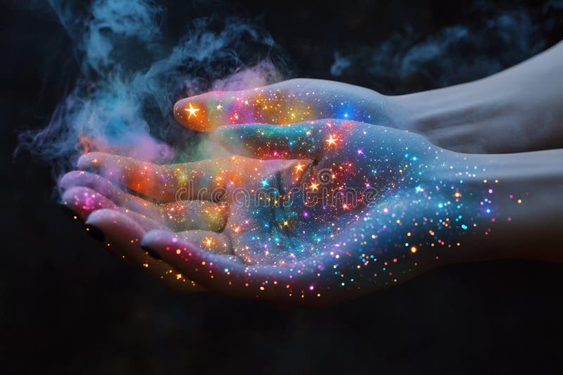 Hands Filled with Colorful Sparkles and Swirling Smoke Create an ...