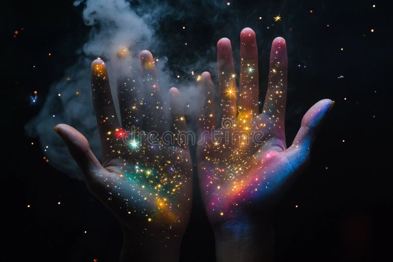 Hands Filled with Colorful Sparkles and Swirling Smoke Create an ...