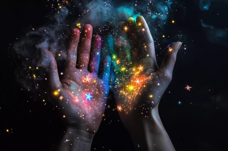 Hands Filled with Colorful Sparkles and Swirling Smoke Create an ...