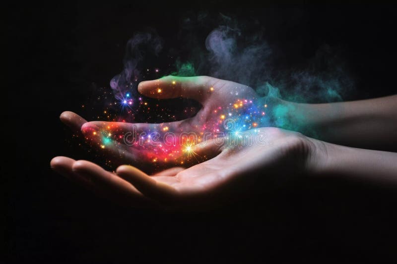 Hands Filled with Colorful Sparkles and Swirling Smoke Create an ...