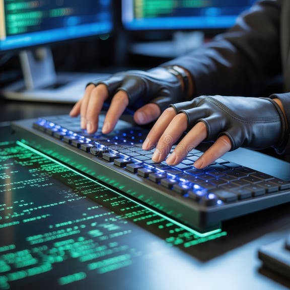 Hands in Fingerless Gloves Typing on a Backlit Keyboard with Glowing ...