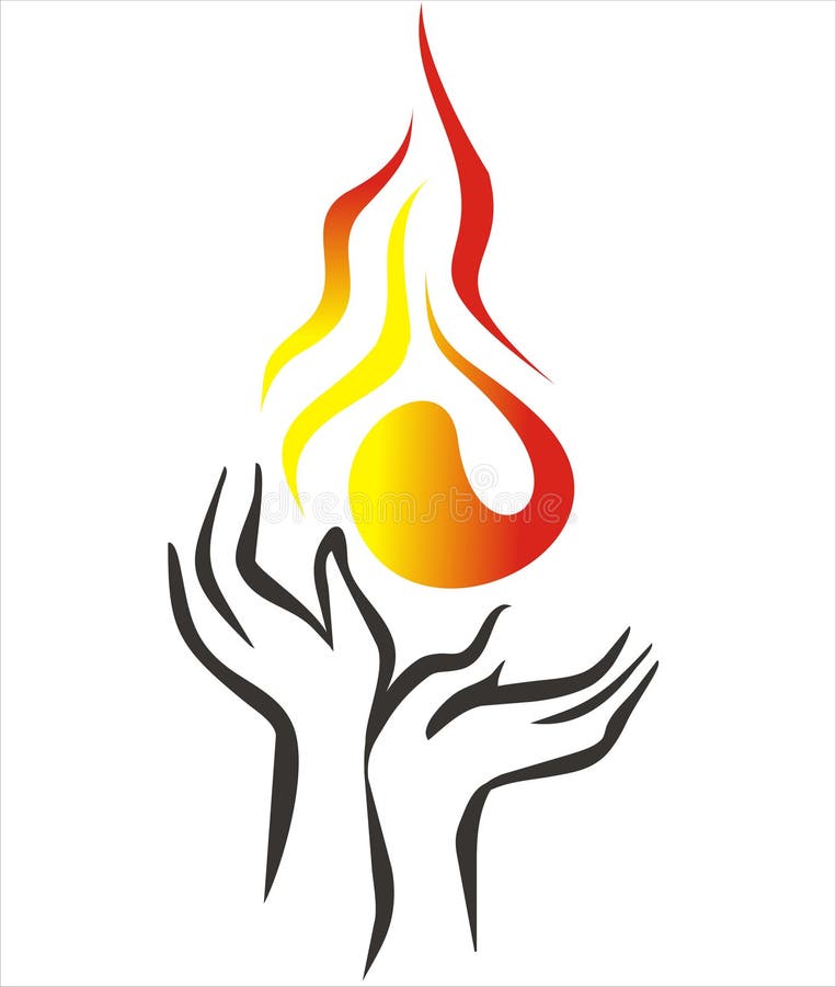 Isolated Black Outline Icon of Flame in Hands on White Background. Line ...