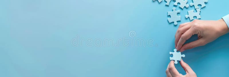 Hands Fitting Together Puzzle Pieces on a Blue Surface. Symbolizes ...
