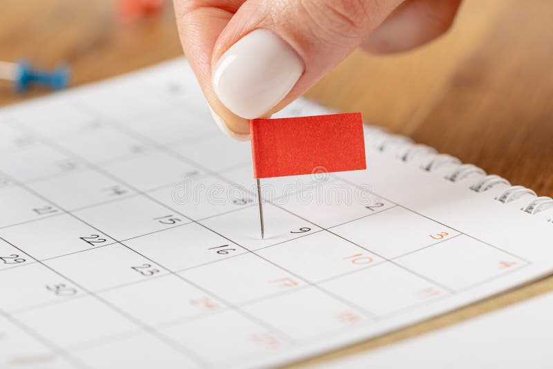 Hands Fixing Notes Schedule, Red Flag Pin Thumbnail in 9 Day Calendar ...