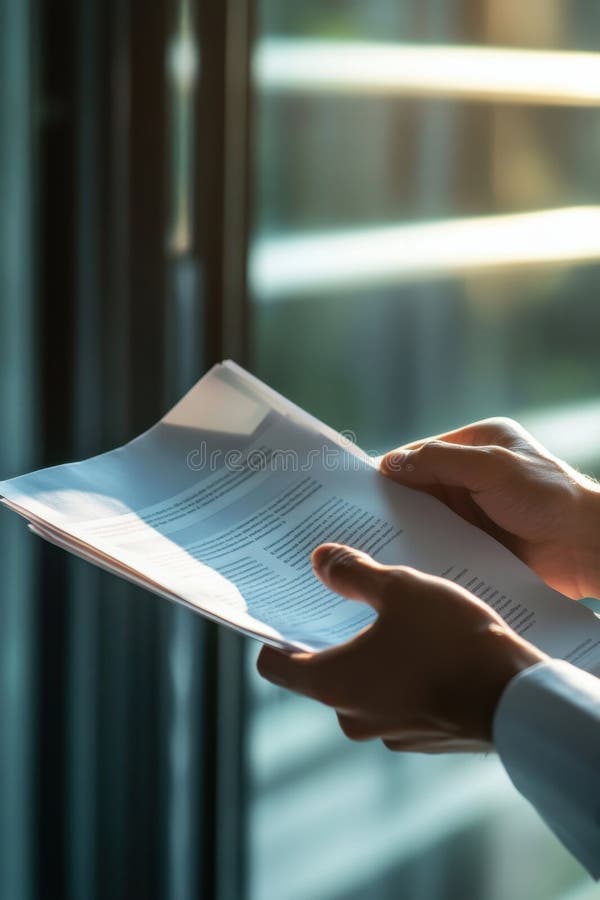 Hands Flipping through a Business Report in a Softly Lit Office Space ...