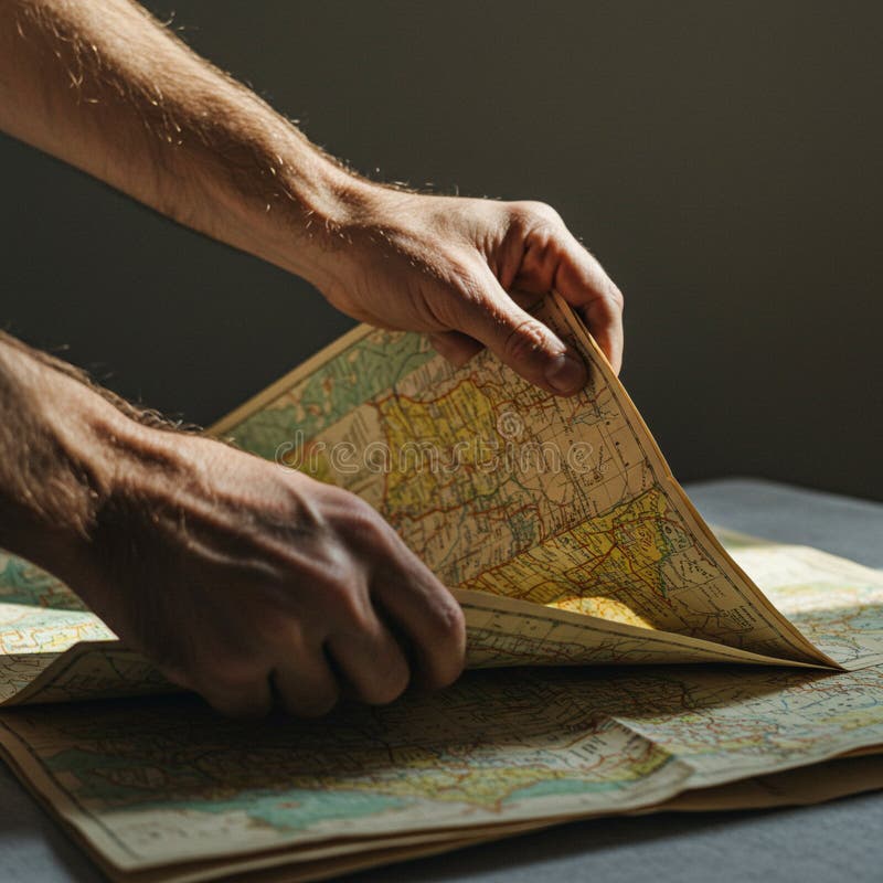 Hands Flipping through an Old, Detailed Map with Visible Geographical ...