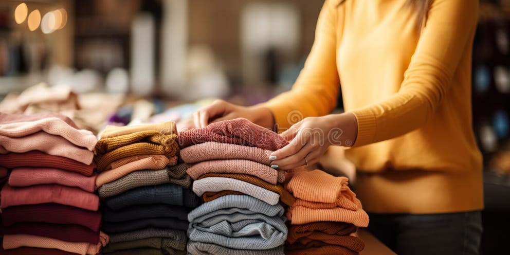 Hands Flipping through a Stack of Folded Sweaters on a Store Display ...