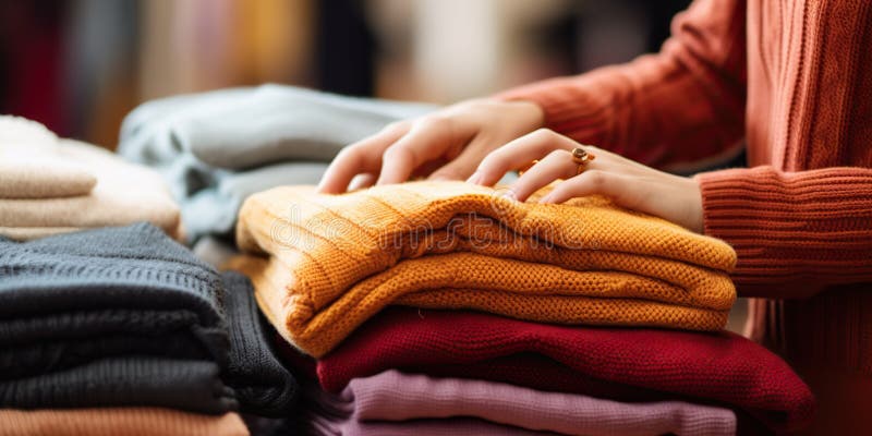 Hands Flipping through a Stack of Folded Sweaters on a Store Display ...