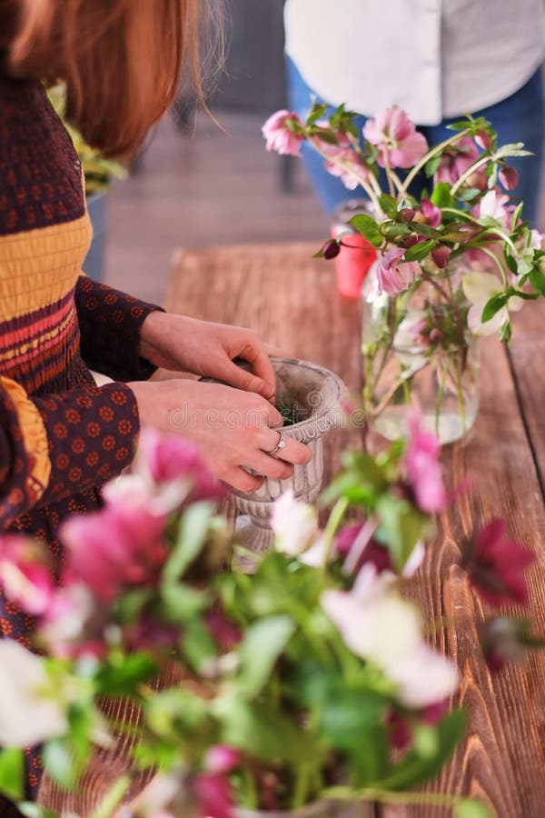 Hands of Florist Collect Wedding Bouquet at Work Stock Image - Image of ...