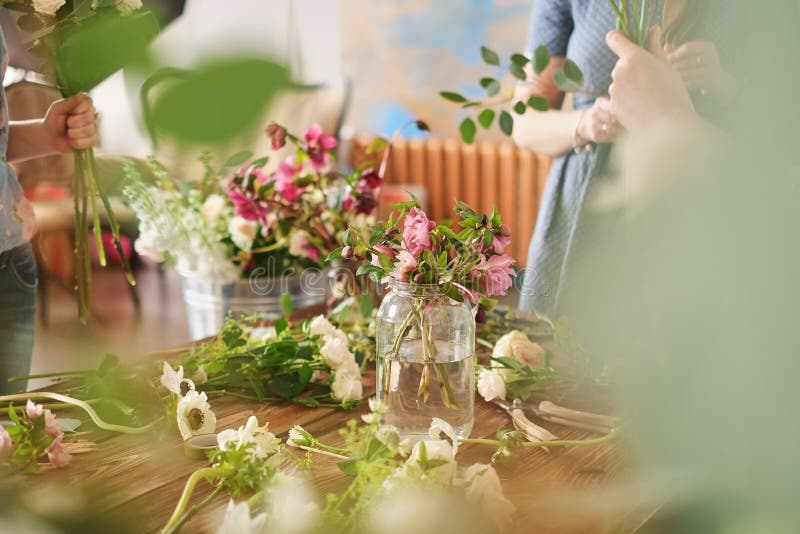 Hands of Florist Collect Wedding Bouquet at Work Stock Image - Image of ...