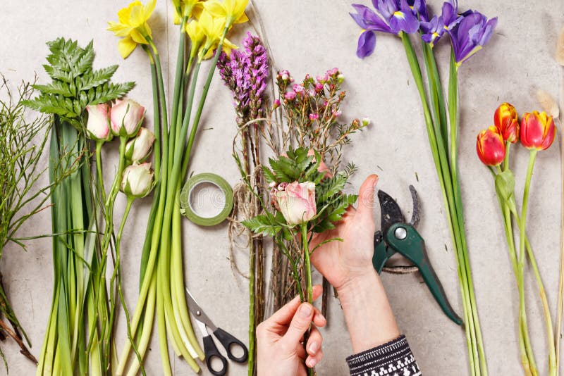 Hands of Florist Making Bouquet Spring Flowers Stock Photo - Image of ...
