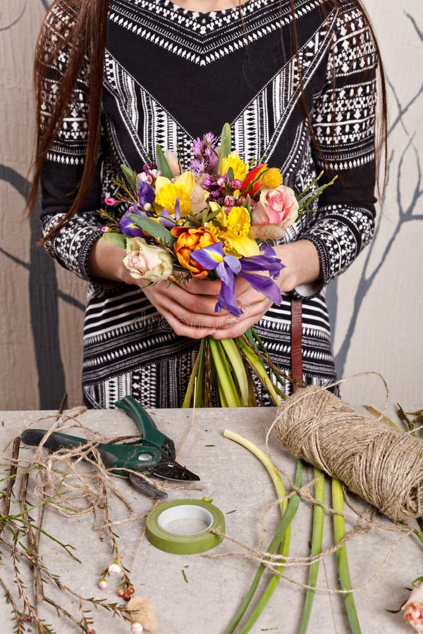 Hands of Florist Making Bouquet Spring Flowers Stock Image - Image of ...