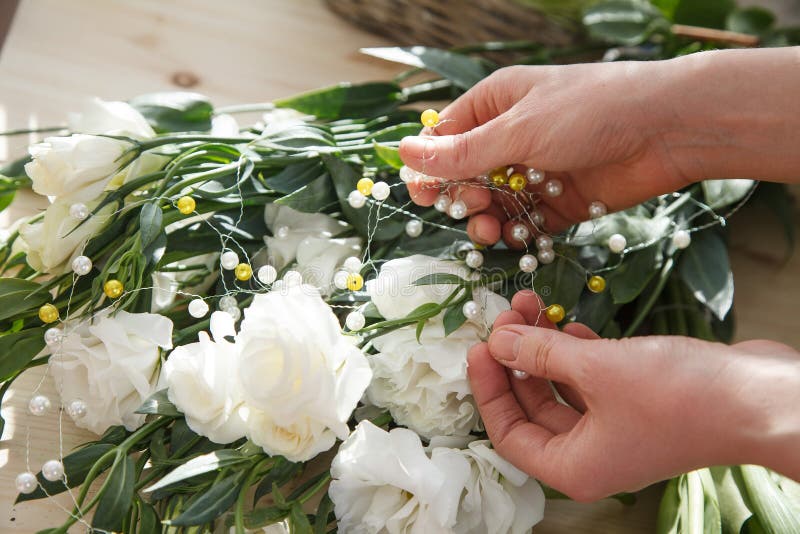 Hands of Florist Making Bouquet Spring Flowers. Stock Image - Image of ...