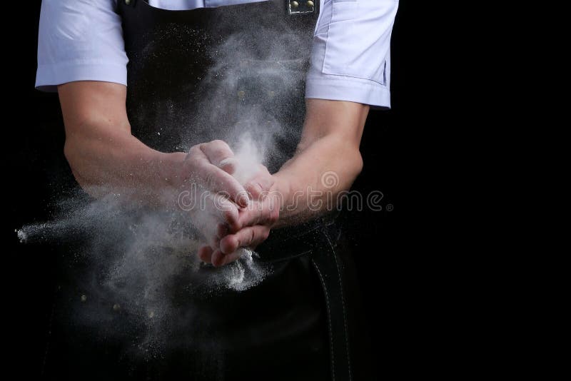 Hands and Flour in Splash Baker Clap on Black Back Stock Photo - Image ...