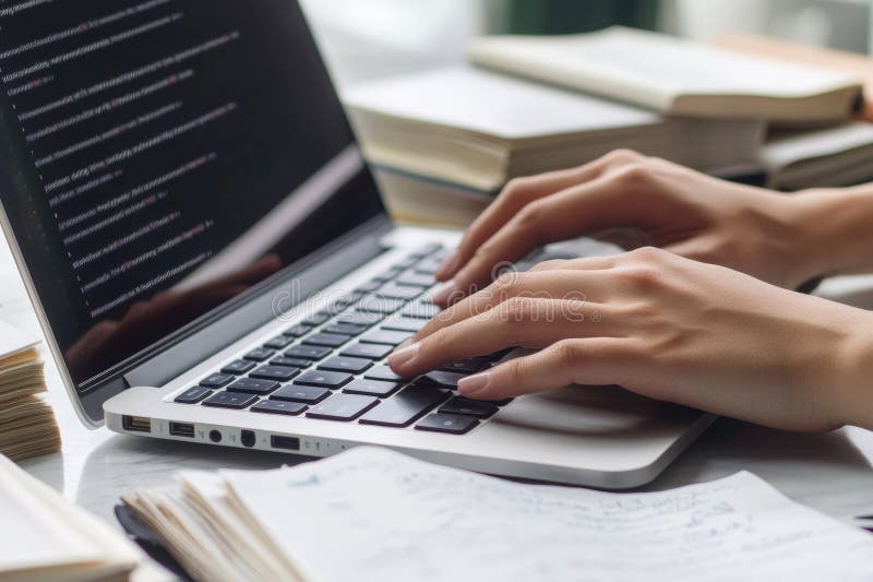 Hands are Focused on Typing on a Laptop Keyboard, with Books and Study ...