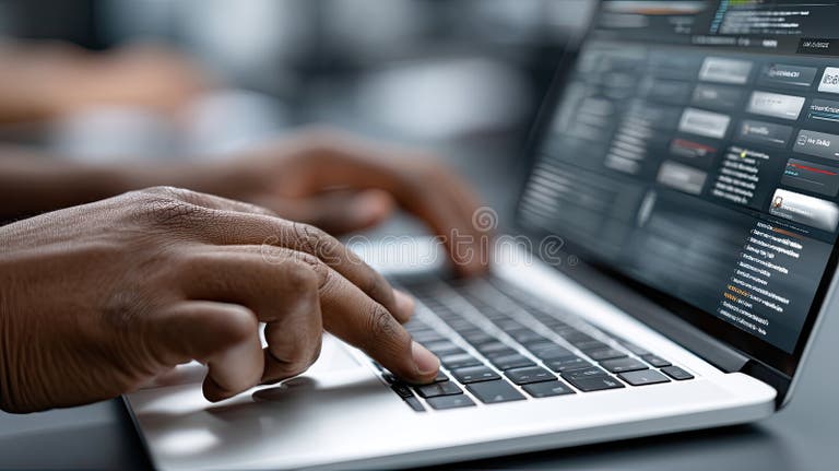 Hands Focused on Typing on a Laptop, Surrounded by Server Racks and ...