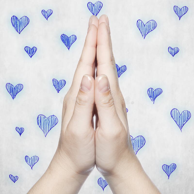 Hands Folded in Prayer, Then with Blue Hearts Stock Photo - Image of ...
