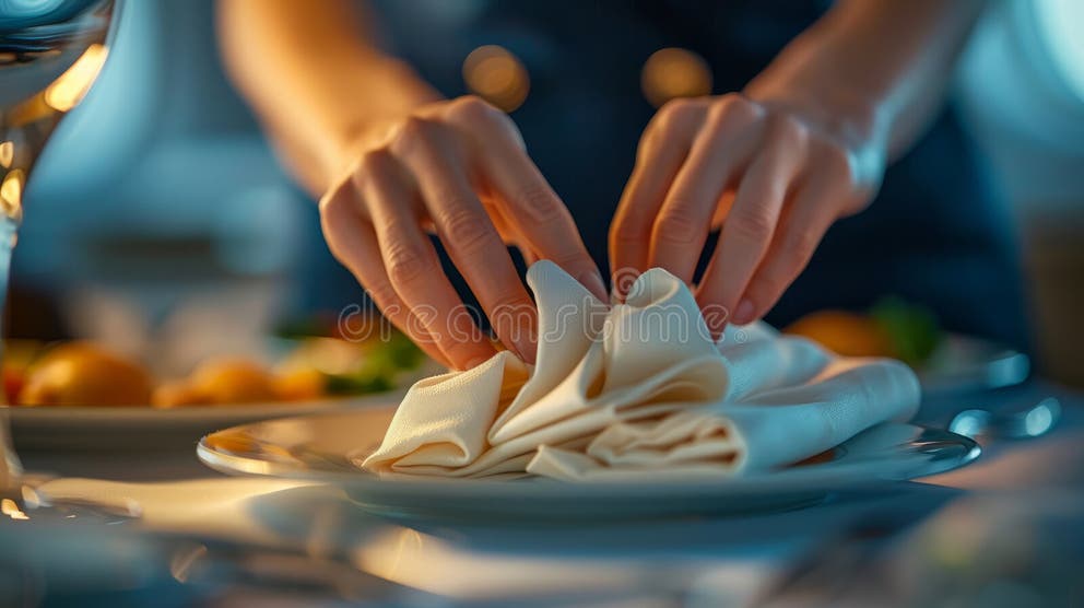 Hands Folding a Napkin on a Dining Table Stock Image - Image of evening ...