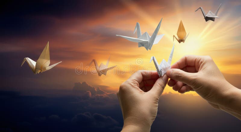 Hands Folding a Paper Crane with Multiple Origami Cranes Flying in the ...