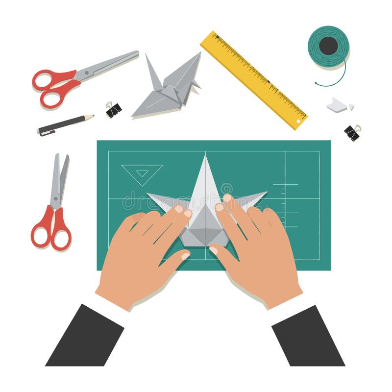 Hands Folding Paper Crane Origami Craft with Scissors Ruler and Thread ...