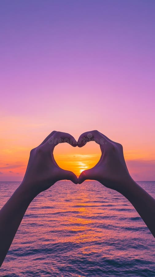 Hands Forming Heart Shape Against Sunset Over Ocean, Romantic Gesture ...