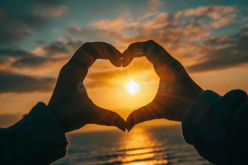 Hands Forming a Heart Shape Around the Setting Sun Stock Illustration - Illustration of harmony ...