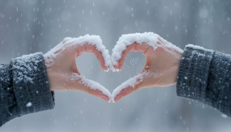Hands Forming a Heart Shape in Falling Snow Stock Photo - Image of ...