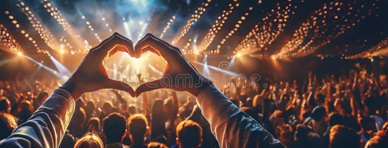 Hands Forming a Heart Shape in Front of a Concert Crowd with Bright ...