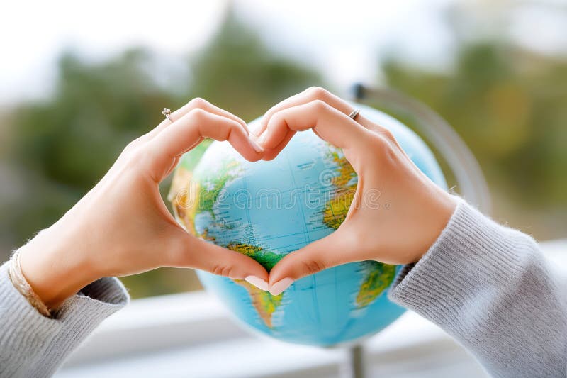 Hands Forming Heart Shape in Front of Globe Symbolizing Love for Earth ...