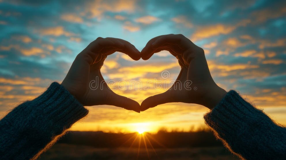 Hands Forming Heart Shape Sunset Sky Stock Illustration - Illustration ...