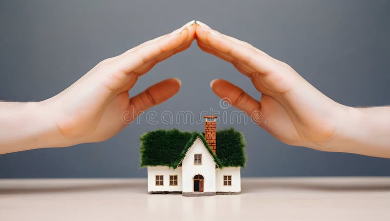 Hands Forming Protective Arch Over Model House with Green Roof Stock ...