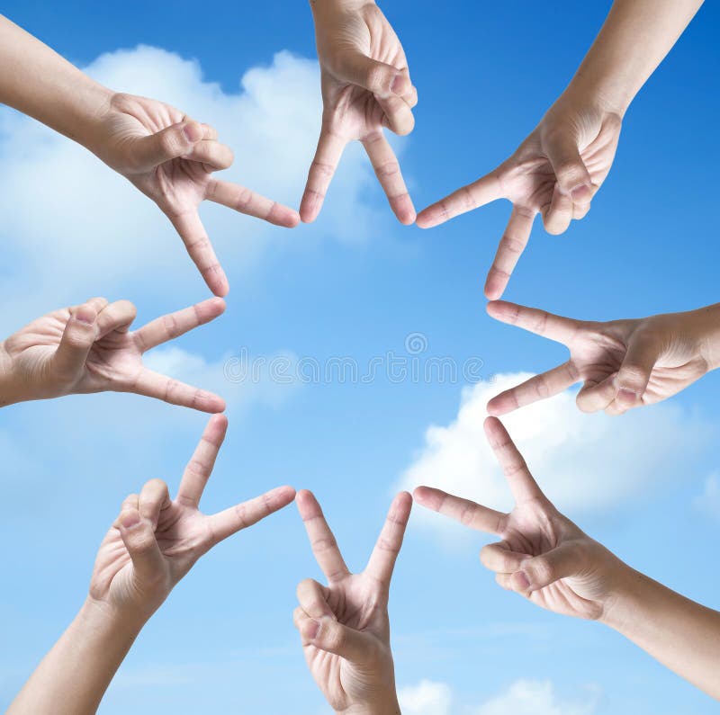 Hands Forming Star Shape with Blue Sky and White Clouds As Background ...