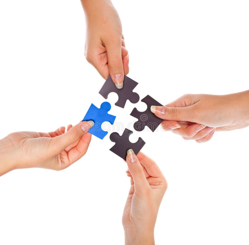 Four Hands Connecting Puzzle Pieces Stock Photo - Image of blue, male ...