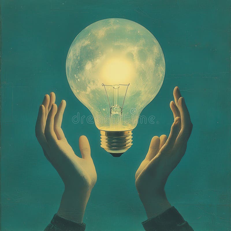 Hands Framing a Glowing Light Bulb in Surreal Blue Setting Stock Photo ...
