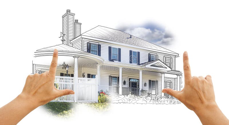 Hands Framing House Drawing and Photo on White Stock Image - Image of ...